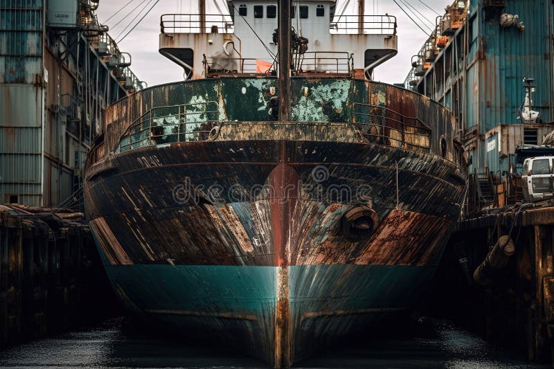 Front View of Big Rusted Cargo Ship in Harbor Stock Illustration ...