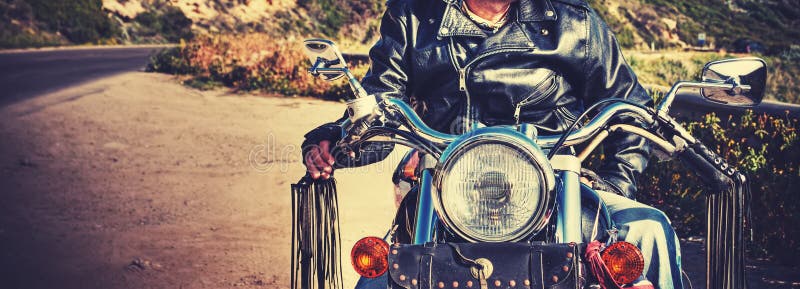 Front View of Biker and Motorcycle in Vintage Tone Stock Image - Image ...