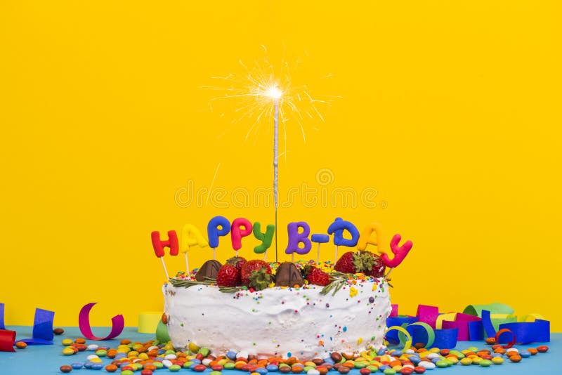 Front View Birthday Cake with Sparkler. High Quality Photo Stock Image ...