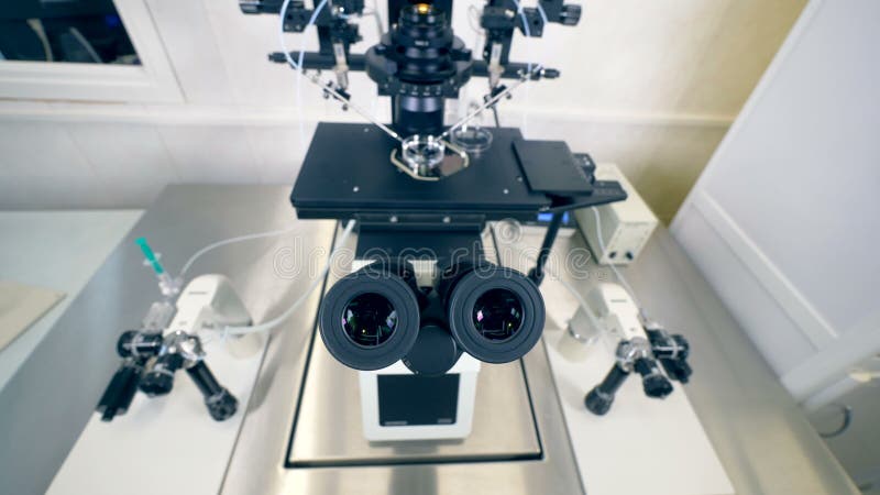 A Front View on Black Eyepiece of a Modern Scientific Microscope. Stock ...