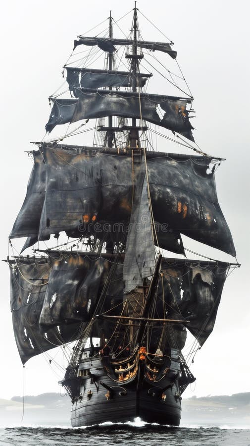 Front View of a Black Pirate Ship Vessel Piercing through the Fog Stock ...