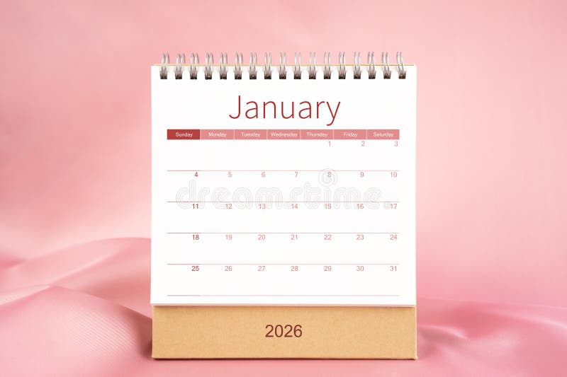 Front View of Blank January 2026 Desk Calendar on Pink Textile Stock ...