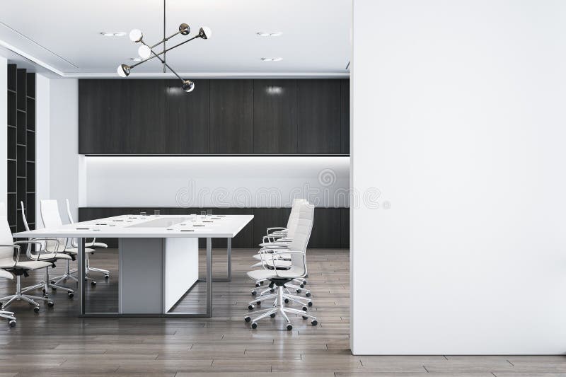 Front View of Blank Poster on Light Wall and Empty Modern Conference ...