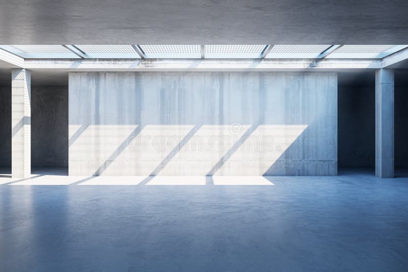 Front View on Blank Sunlit Concrete Wall Background in Spacious Indoor ...