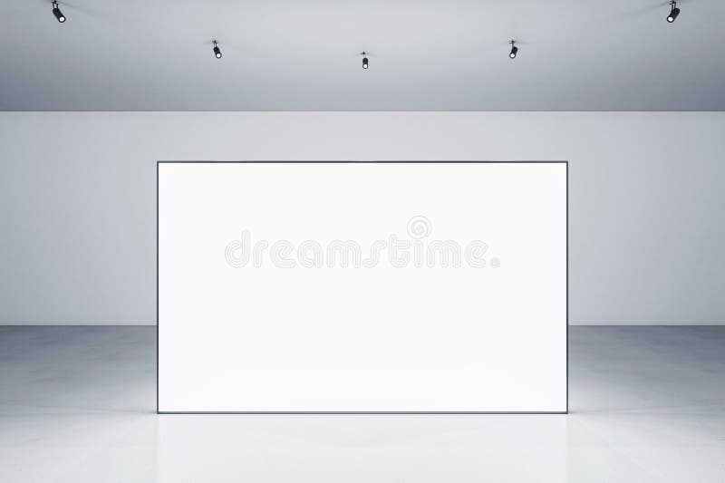 Front View of Blank White Glowing Digital Screen in Grey Hall Interior ...