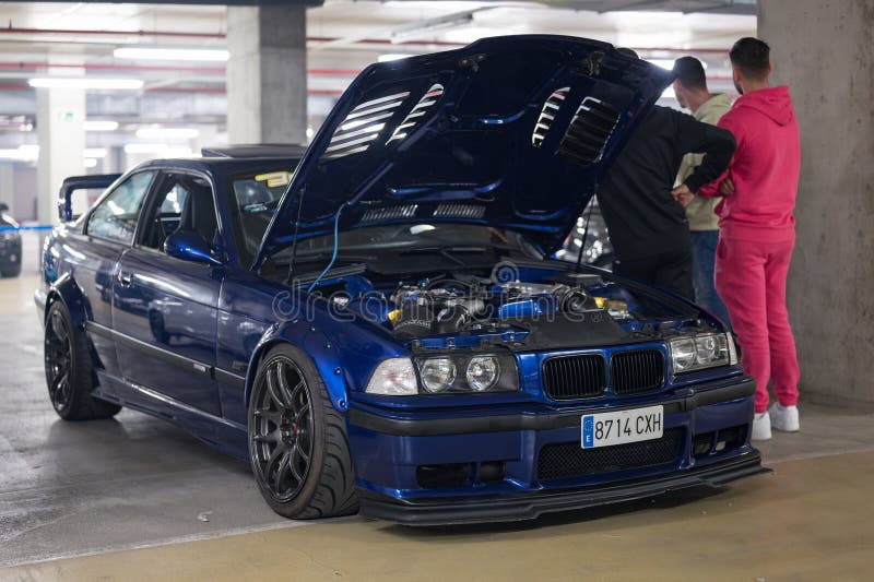 Blue BMW E36 with the Hood Open Showing Engine Editorial Stock Image ...