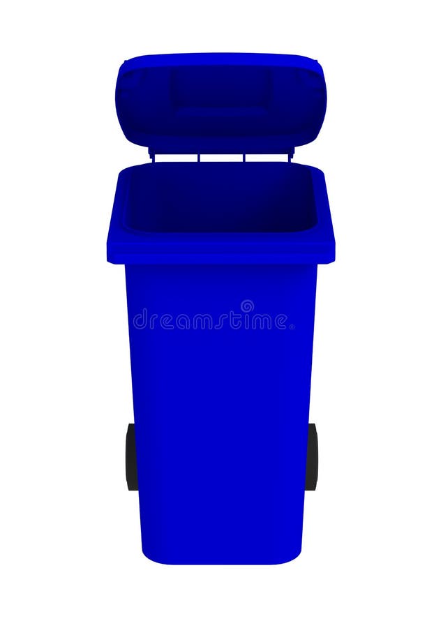 Front View of Blue Garbage Wheelie Bin with a Open Lid on a White ...
