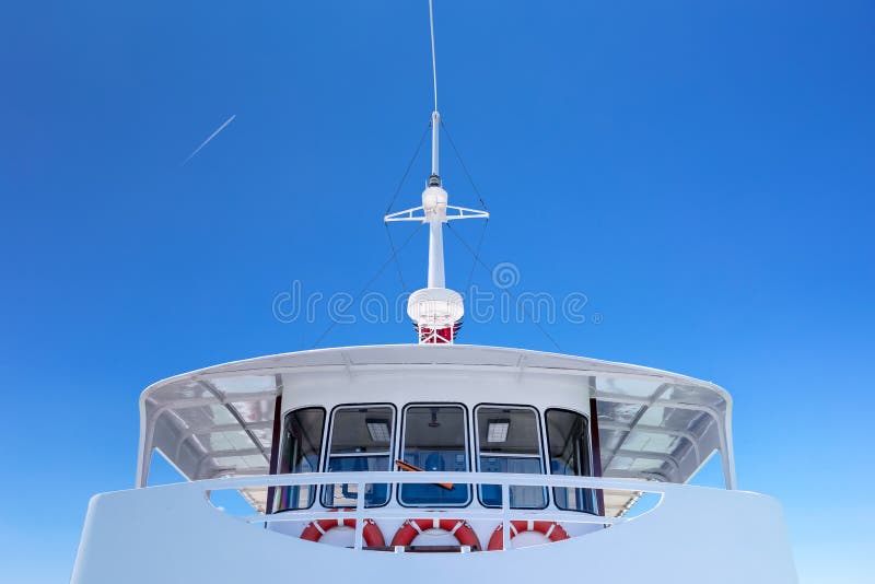 Bow of White Boat on a Blue Background Stock Photo - Image of radar ...