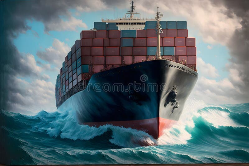 Front View from Bow of a Large Blue Shipping Container Ship in the ...