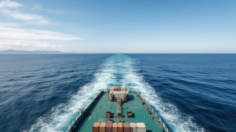 Front View from Bow of a Large Blue Shipping Container Ship in the ...