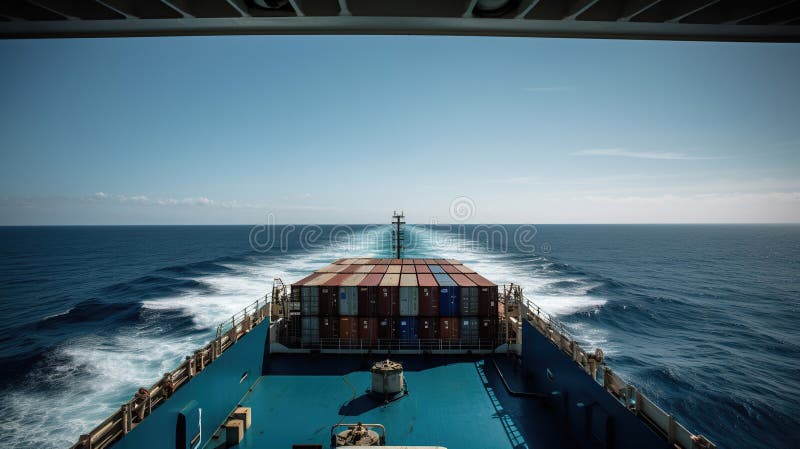 Front View from Bow of a Large Blue Shipping Container Ship in the ...