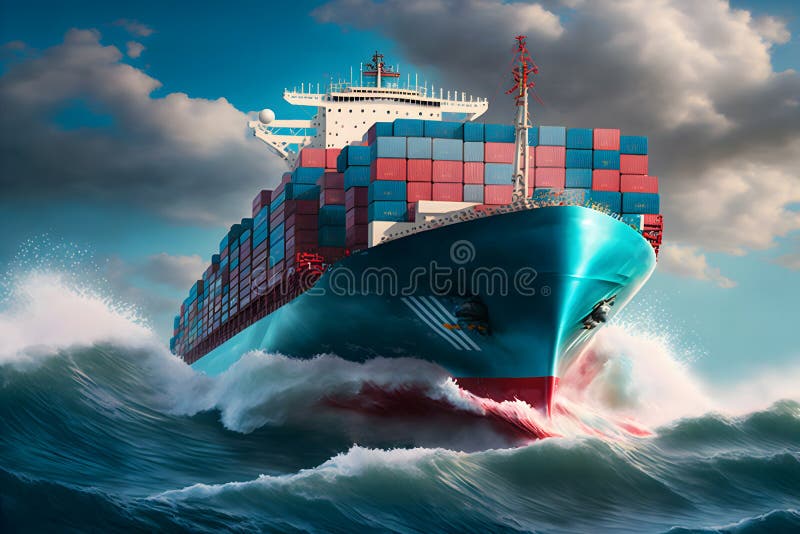 Front View from Bow of a Large Blue Shipping Container Ship in the ...