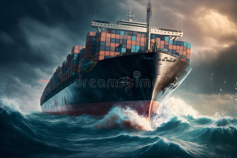 Front View from Bow of a Large Blue Shipping Container Ship in the ...