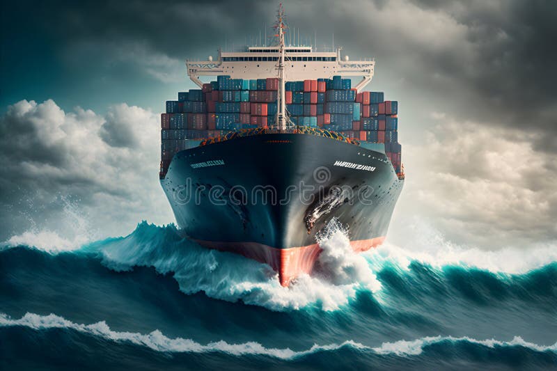 Front View from Bow of a Large Blue Shipping Container Ship in the ...