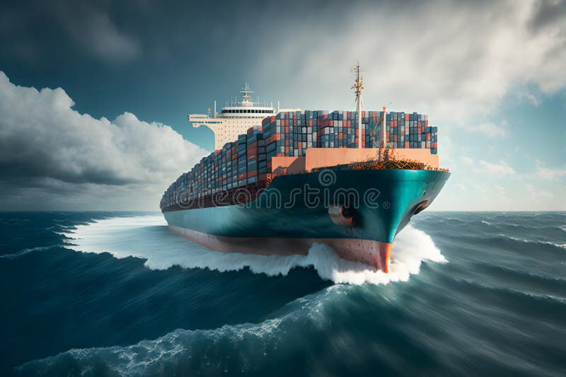 Front View from Bow of a Large Blue Shipping Container Ship in the ...