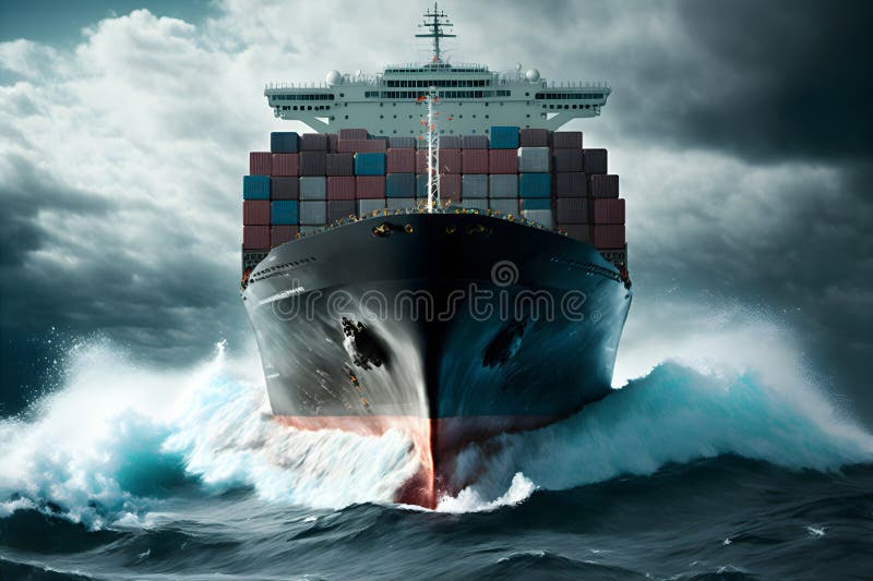 Front View from Bow of a Large Blue Shipping Container Ship in the ...