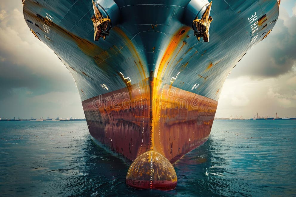 Front View from Bow of a Large Cargo Ship.Performing Cargo Export and ...