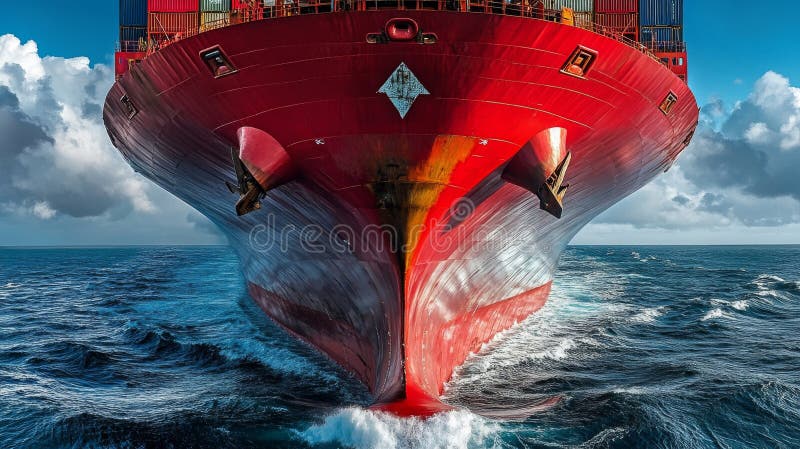 Front View of Bow and Nose of Large Cargo Container Ship on Open Sea ...