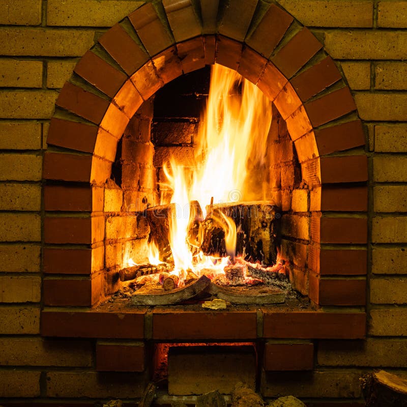 Front View of Brick Fireplace with Fire Stock Image - Image of charcoal ...