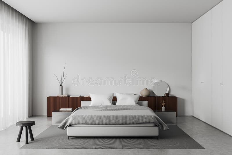 Front View on Bright Bedroom Interior with Bed, Bedsides Stock ...