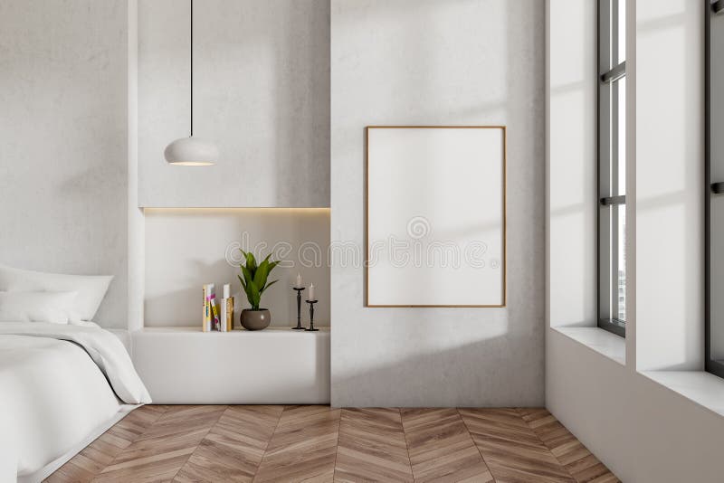 Front View on Bright Bedroom Interior with Empty White Poster Stock ...