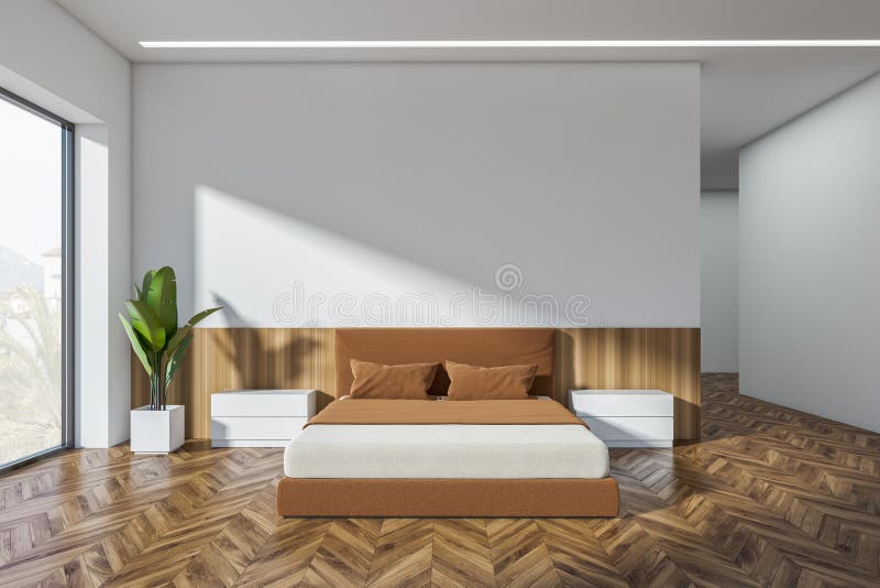 Front View on Bright Bedroom Interior with Empty White Wall Stock ...