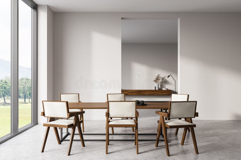 Front View on Bright Dining Room Interior with Dining Table Stock ...