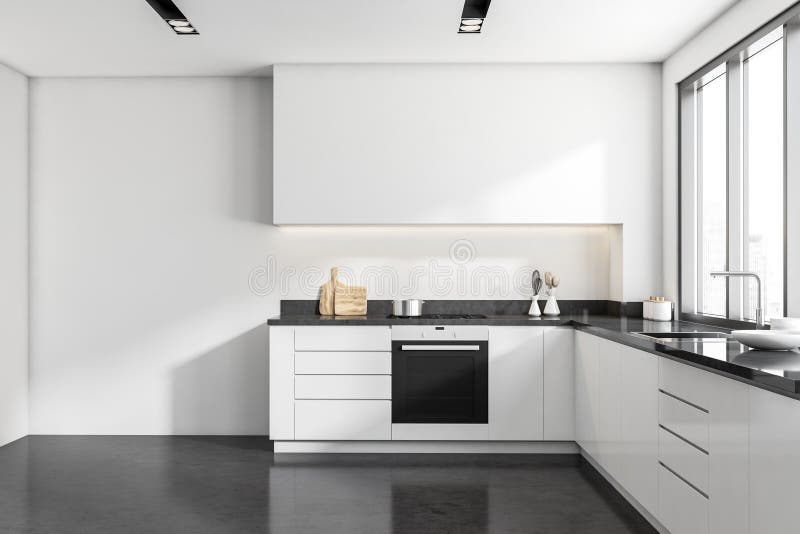 Front View on Bright Kitchen Interior with Empty White Wall Stock ...