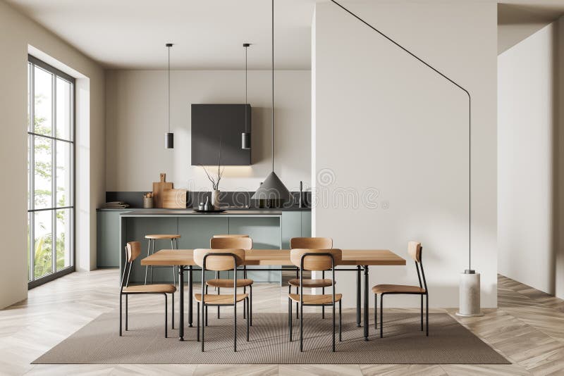 Front View on Bright Kitchen Room Interior with Cupboard Stock ...