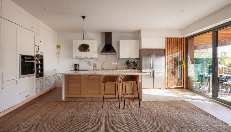 Front View on Bright Kitchen Room Interior with Island Stock ...