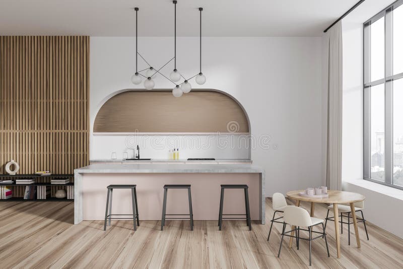 Front View on Bright Kitchen Room Interior with Island Stock ...