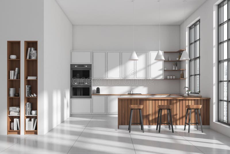 Front View on Bright Kitchen Room Interior with Island, Windows Stock ...