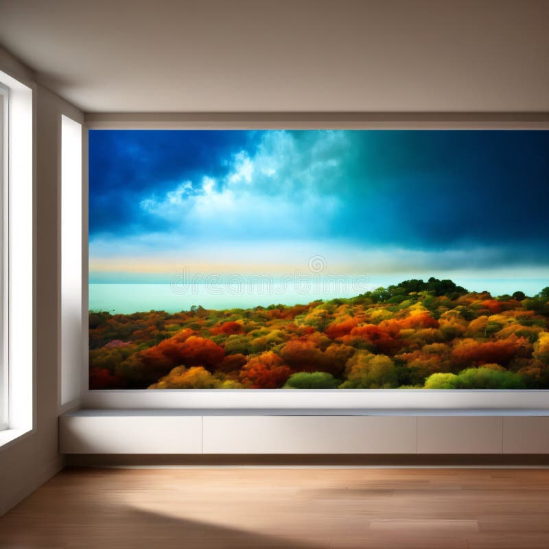 Front View on Bright Kitchen Room Interior with Panoramic Window Stock ...