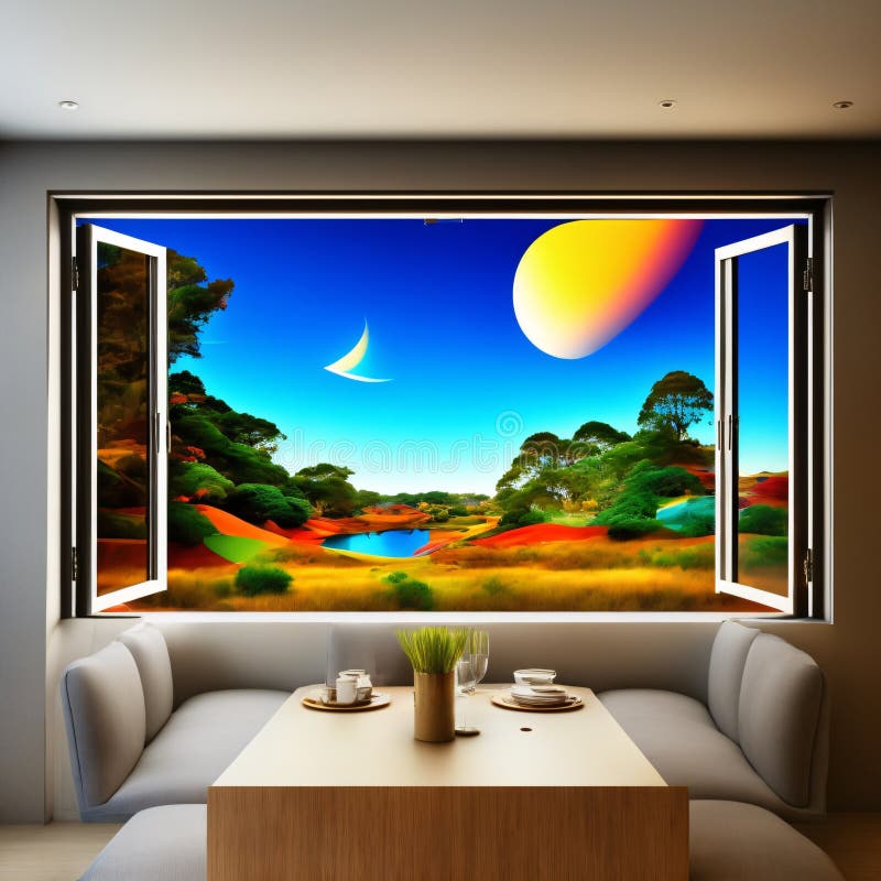 Front View on Bright Kitchen Room Interior with Panoramic Window Stock ...