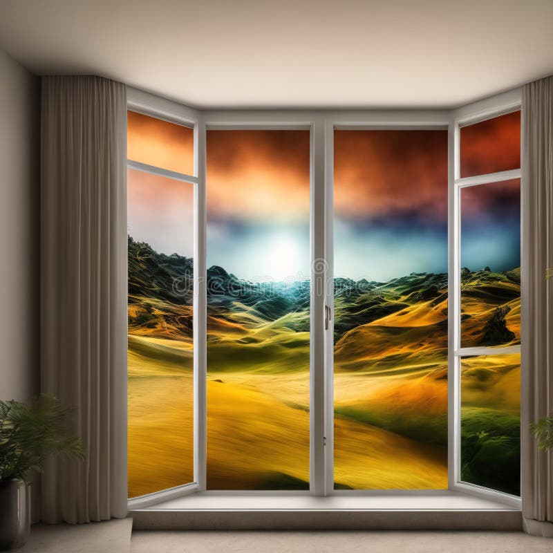 Front View on Bright Kitchen Room Interior with Panoramic Window Stock ...