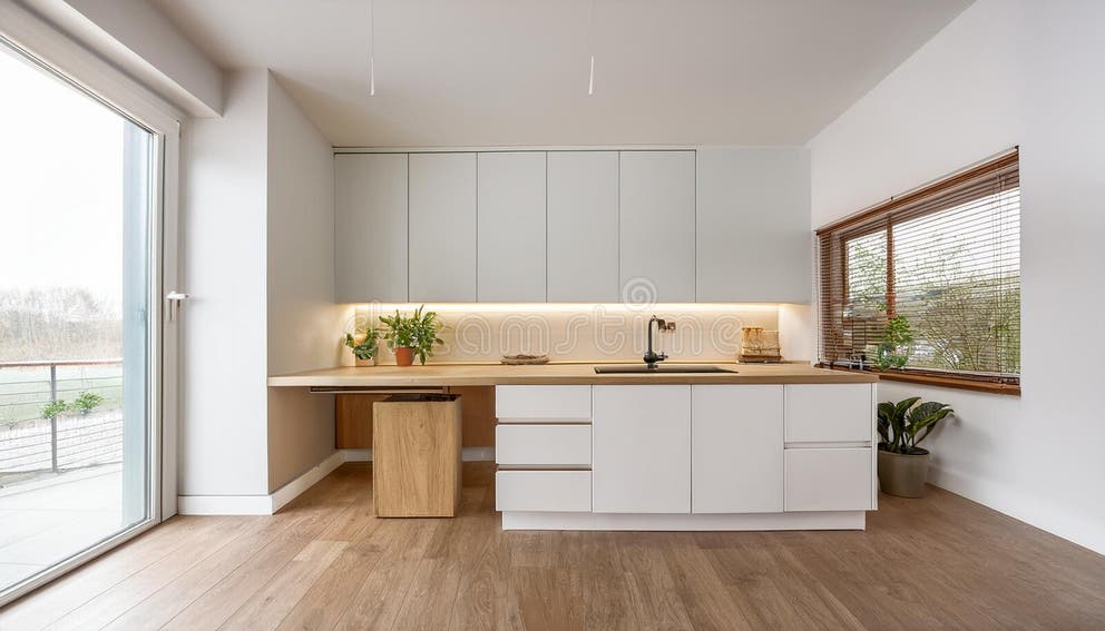 Front View on Bright Kitchen Room Interior with White Wall Stock ...