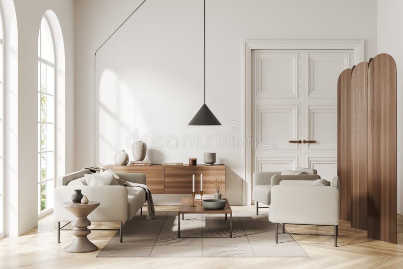 Front View on Bright Living Room Interior with Armchairs, Sofa Stock ...