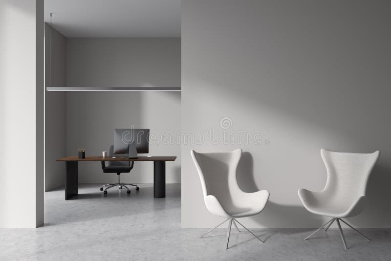 Front View on Bright Office Interior with Table with Desktop Stock ...