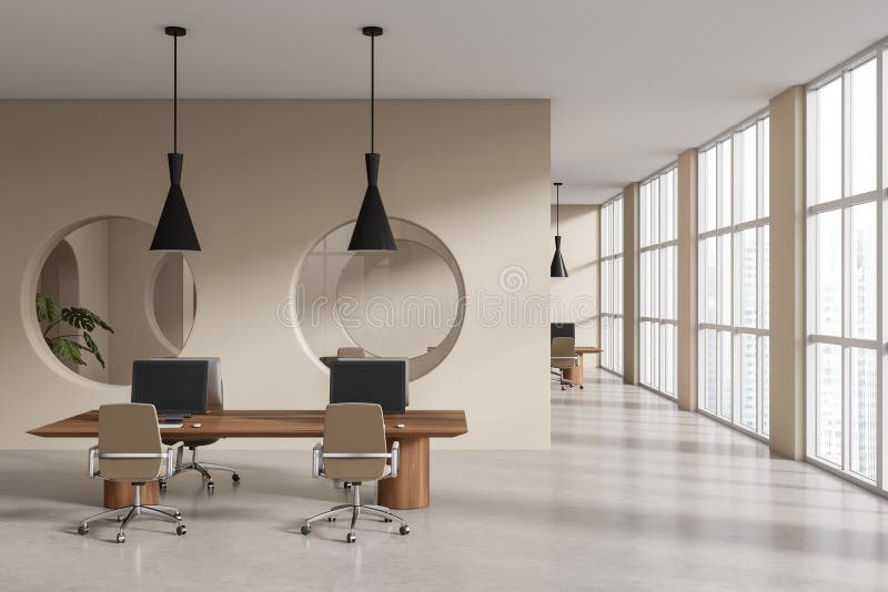 Front View on Bright Office Room Interior with Computers Stock ...