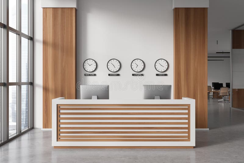 Front View on Bright Office Room Interior with Computers, Reception ...