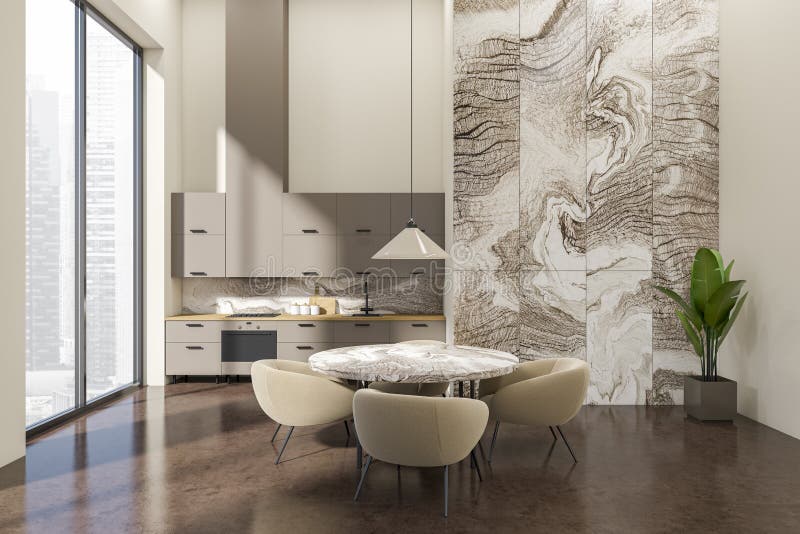 Front View on Bright Studio Dining and Kitchen Room Interior Stock ...