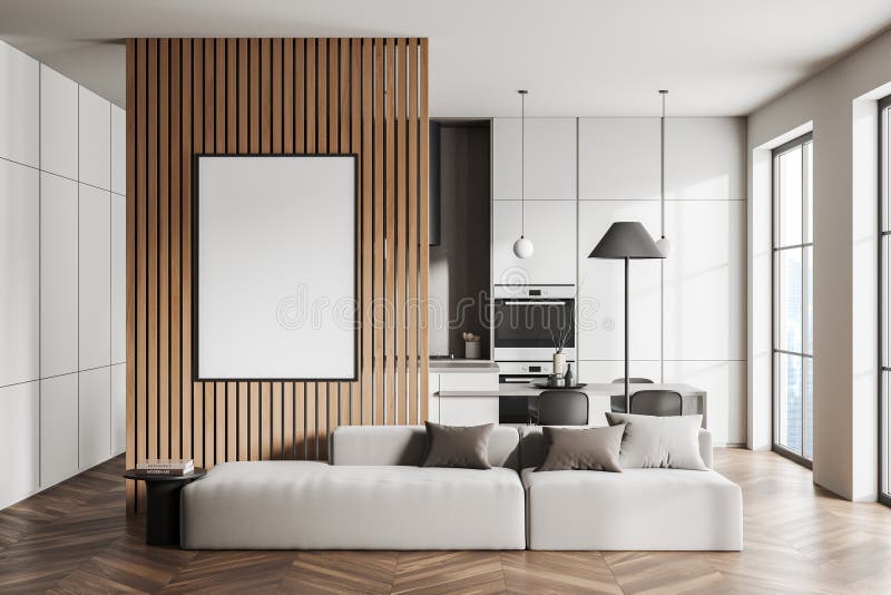 Front View on Bright Studio Room Interior with Empty Poster Stock ...