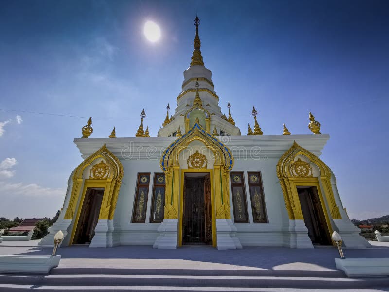 Front View of Buddhist Temple with Sun in the Back Stock Photo - Image ...