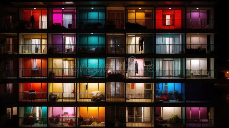 Front View of Building Facade with Colorful Windows at Night ...