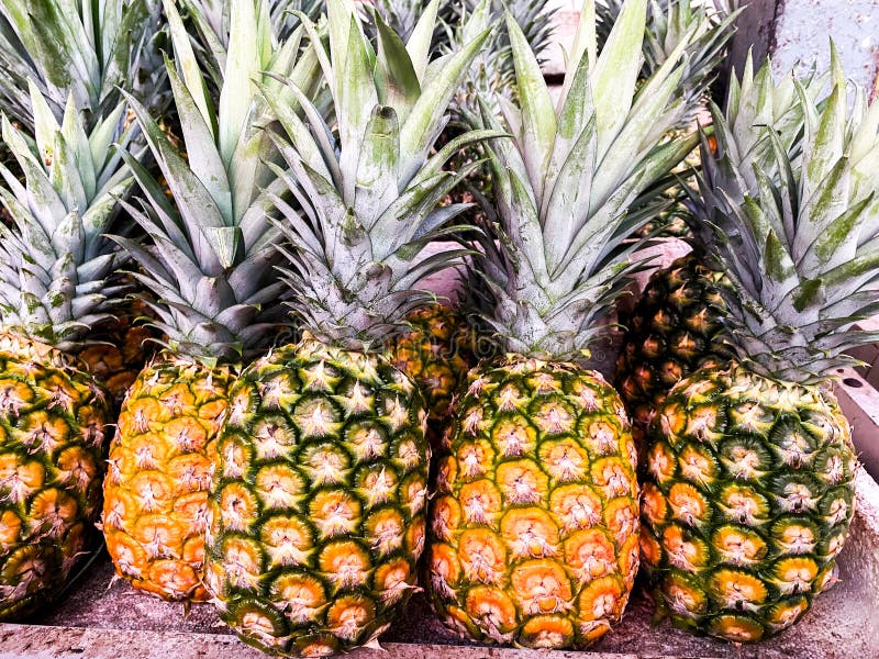 Front View of Bunch Pineapple on Table Fruits or Healthcare Concept ...