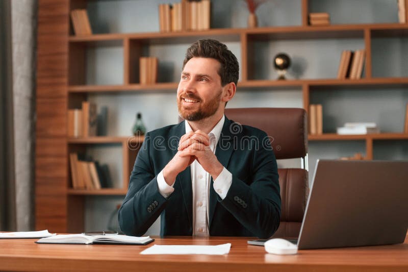 Front View. Businessman in Formal Clothes is Working Indoors Stock ...