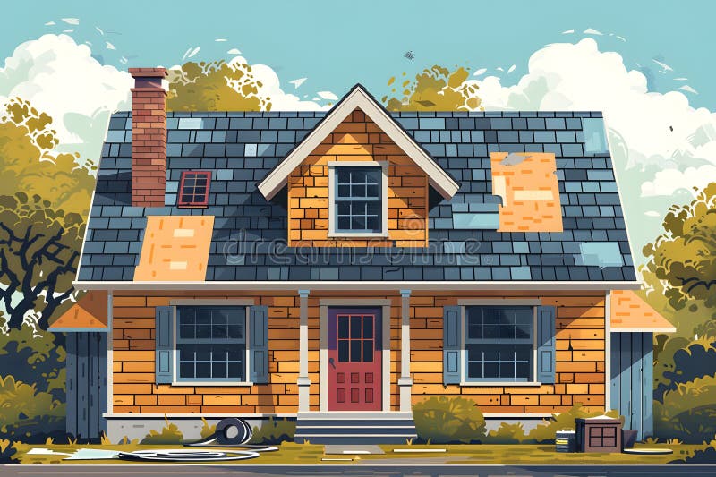 Charming Cartoon House Under Renovation with Exposed Patches and Tools ...