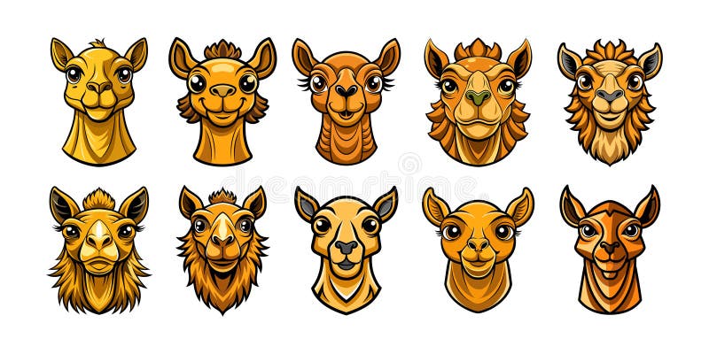 Front View of Cartoon Style Camel Head Illustration Design Set Stock ...