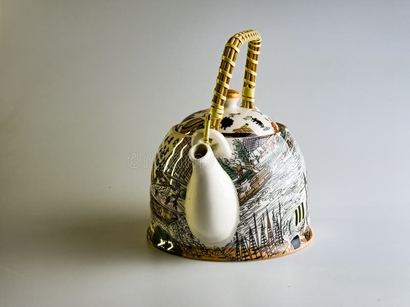 Front View. Ceramic Teapot with Abstract Pattern and Wicker Straw ...