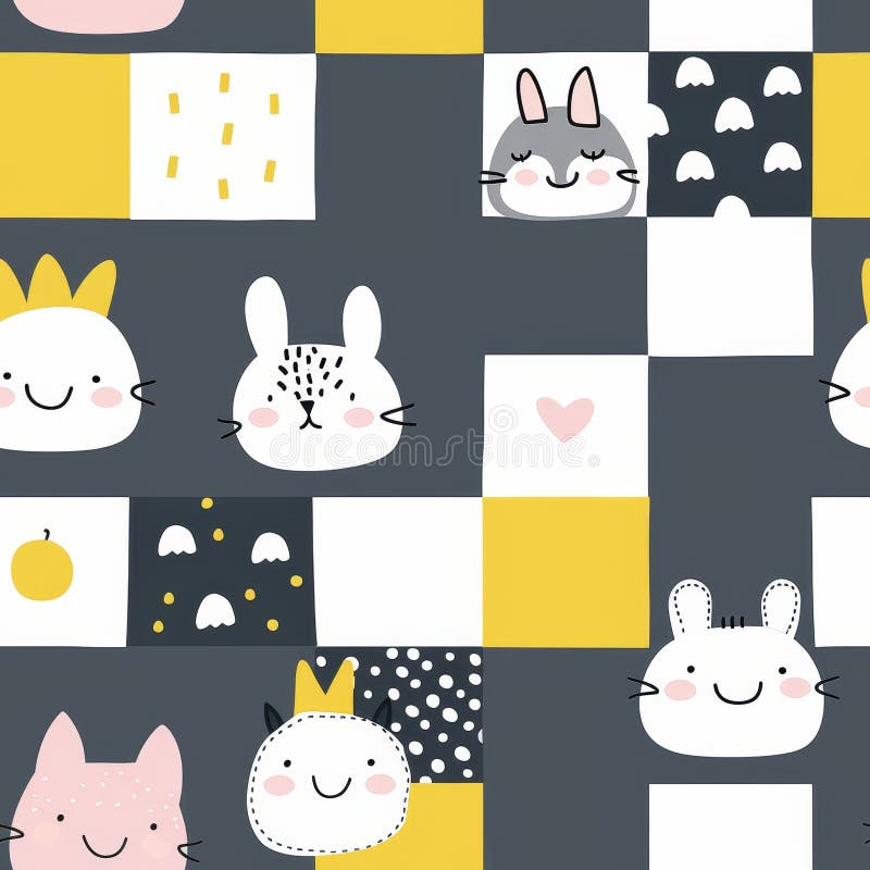 Front View Checkerboard Pattern Cheerful Domestic Animal Faces ...